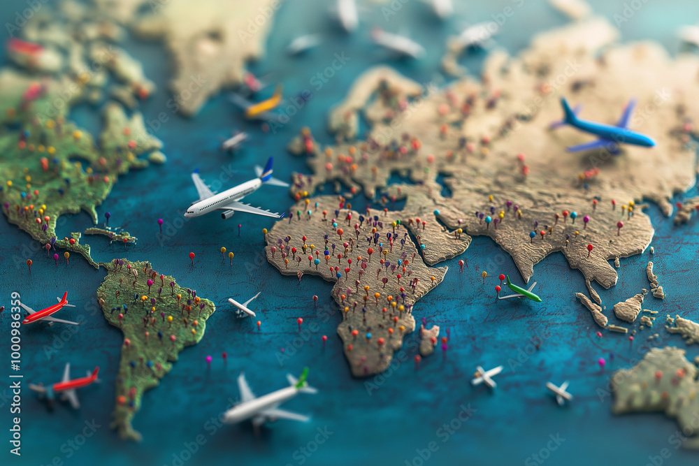 3D web vector illustration of airplanes flying across a detailed world ...