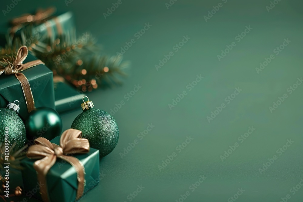 Green christmas gift boxes with ribbons and baubles on green background ...