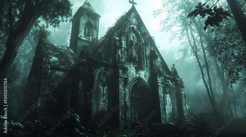 Generative AI, Crumbling Church Hidden in the Forest, Sinister Symbols ...