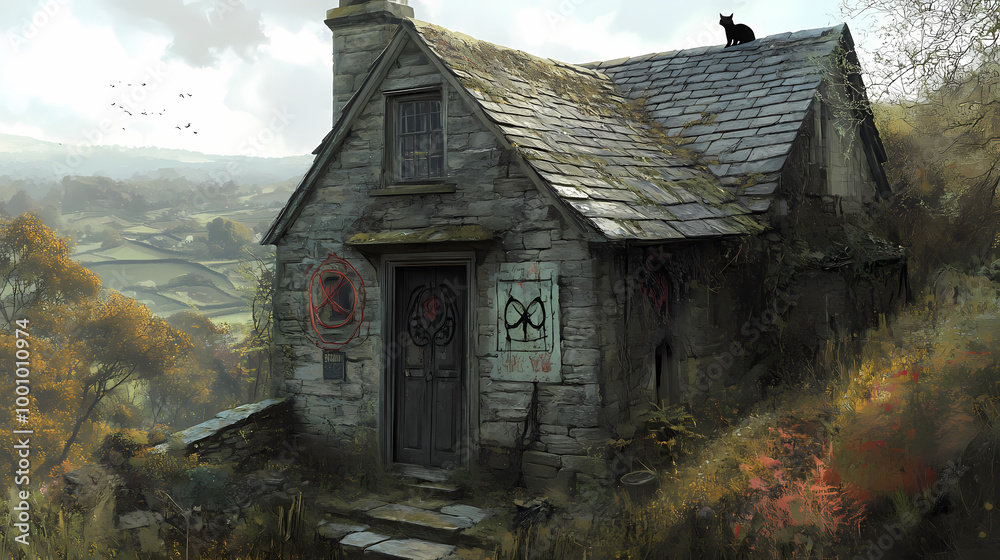 Generative AI, Mysterious Cottage with Occult Symbols and a Black Cat ...