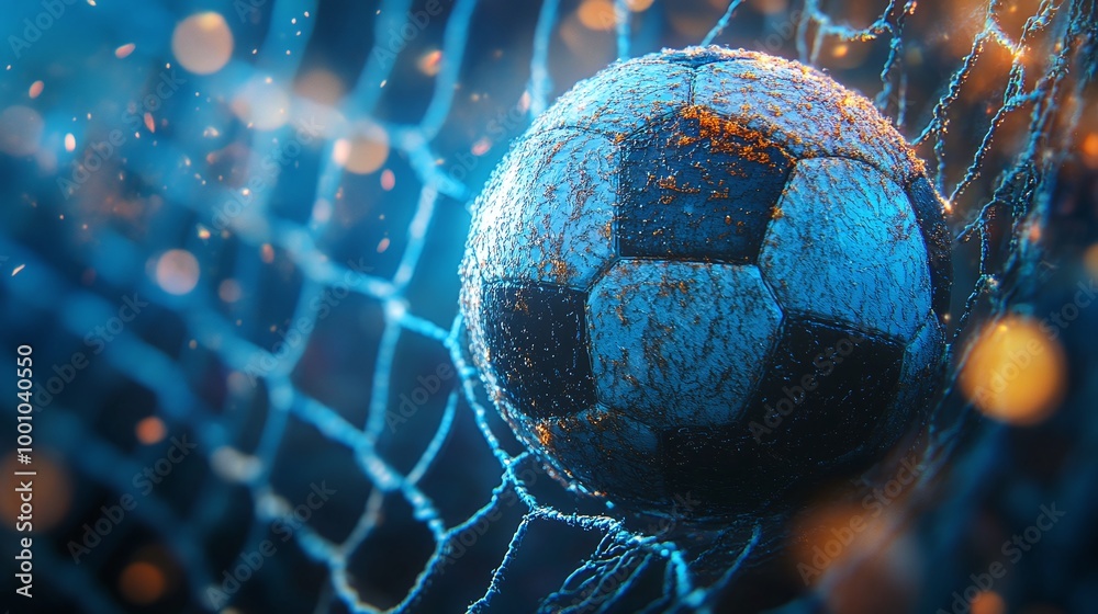 soccer ball flying into goal net in a dynamic 3d illustration, an ...