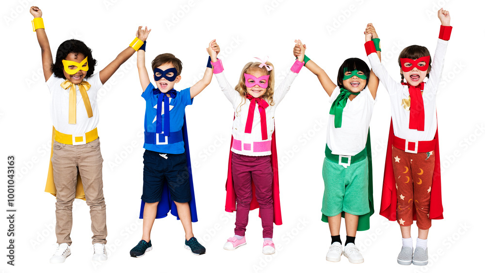 Superhero kids png clipart, raising hands, transparent background Stock ...