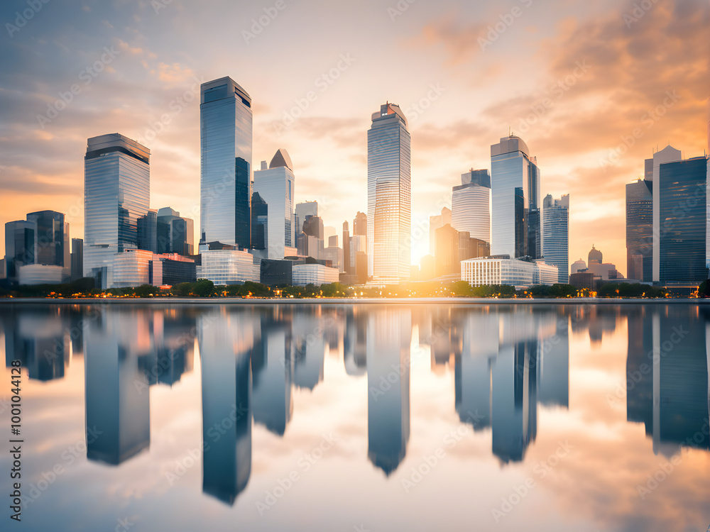 Blur City building with water reflection before sunset background Stock ...