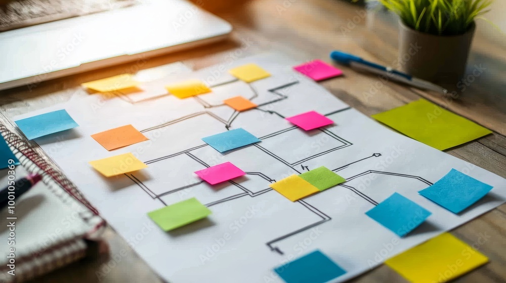 A colorful flowchart with sticky notes on paper, depicting a structured ...