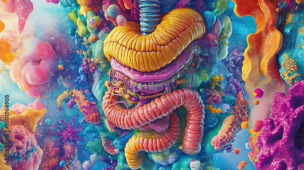 A vibrant image of a human digestive system illustration, showing the ...