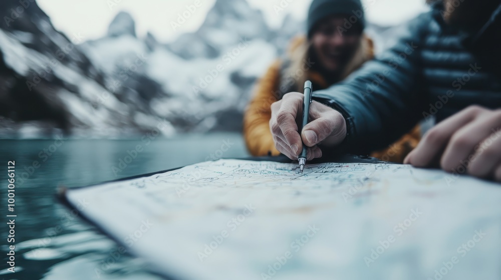Adventurers map their exploration in a snowy mountain landscape ...