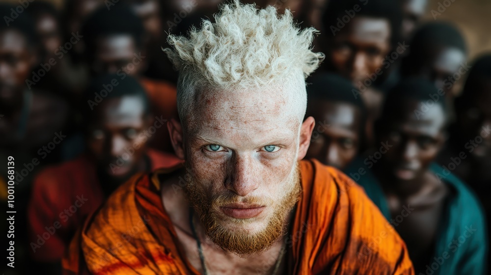 A bold albino man with striking braided hair and intense eyes wears ...
