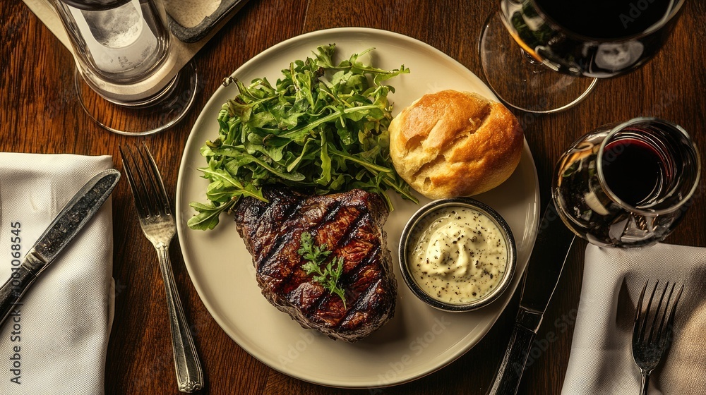 An elegant dining setup featuring a beautifully presented steak with a ...