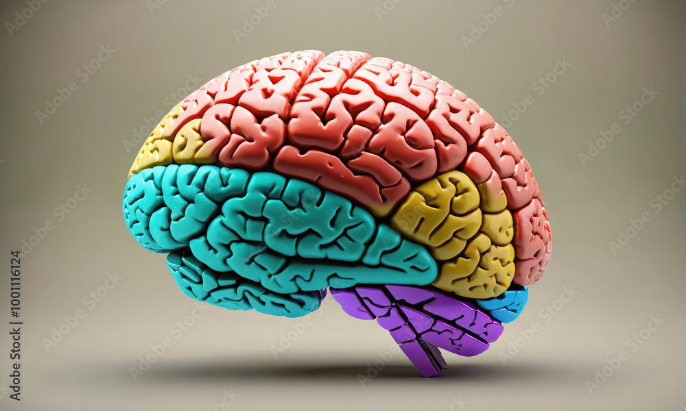 A colorful model of the human brain, showing the different lobes, is ...