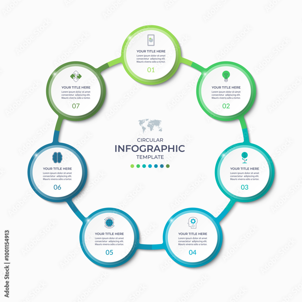 Infographic cycle diagram with 7 options, steps, circles. Round chart ...
