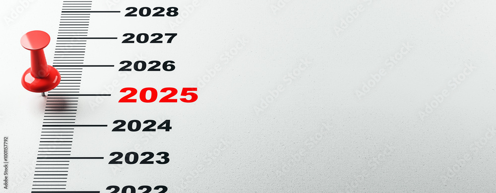 2025 marked with a red pin on a timeline of years from 2022 to 2028. 3D ...
