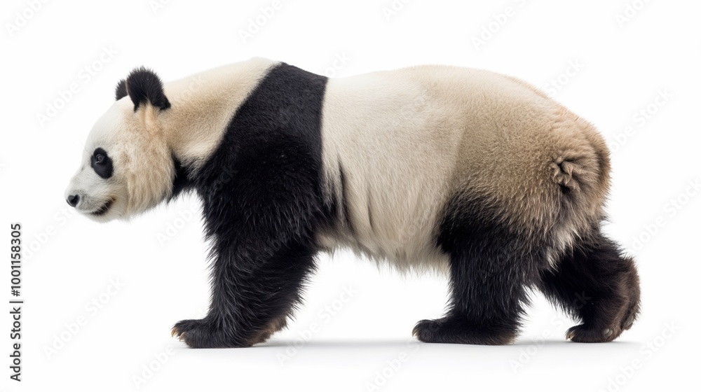 Giant panda in profile standing on all fours in natural habit scene ...