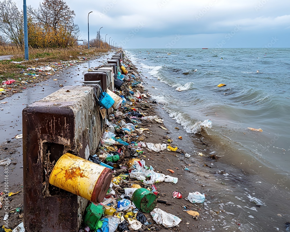 Coastal pollution with littered plastic and debris along a shoreline ...