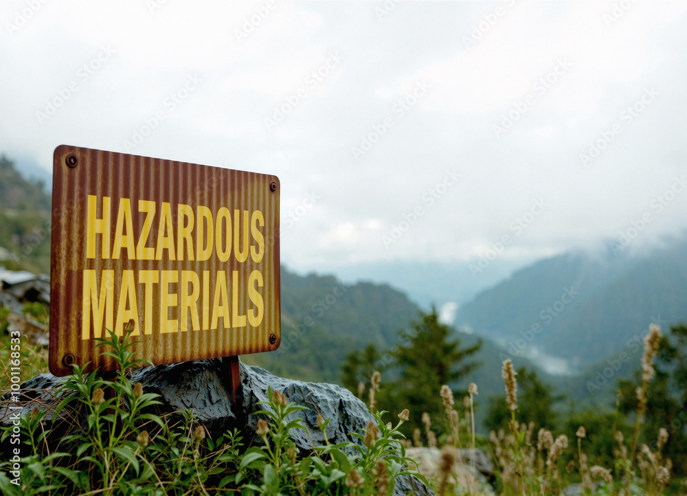 Hazardous Materials sign in overgrown nature, warning, mountainous view ...