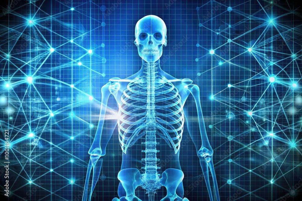 Dark blue X-ray medical imaging background with skeletal bones and ...