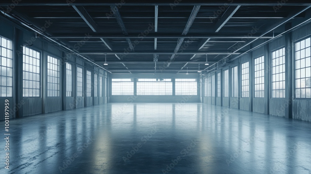 An empty, well-lit studio inside a massive warehouse hall with exposed ...