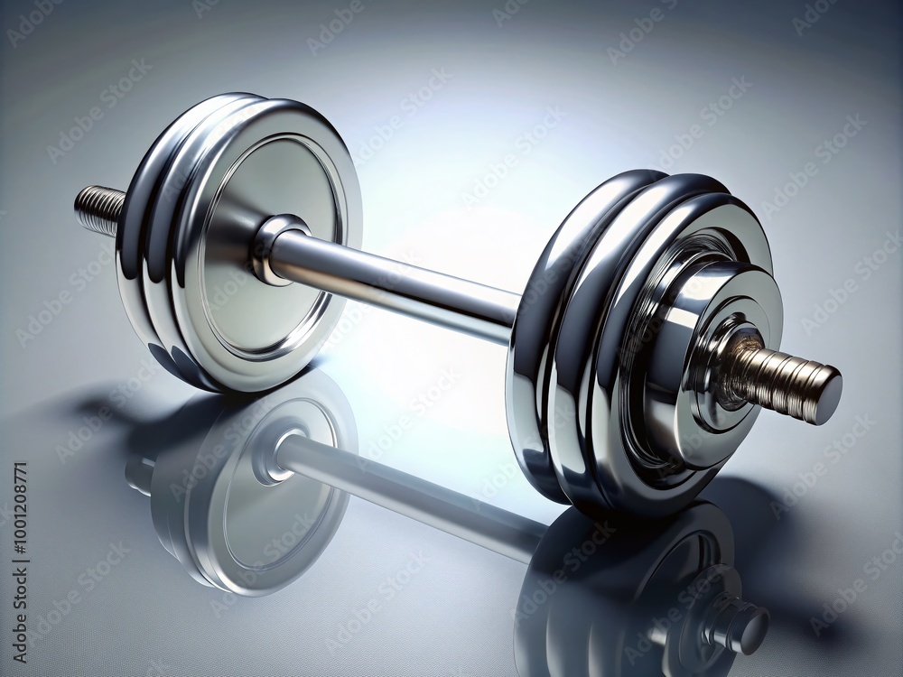 Metallic barbell lies on a crisp, white background, its sleek curves ...