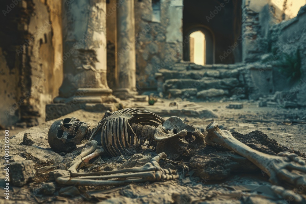 A skeleton is scattered within the desolate remnants of a crumbling ...