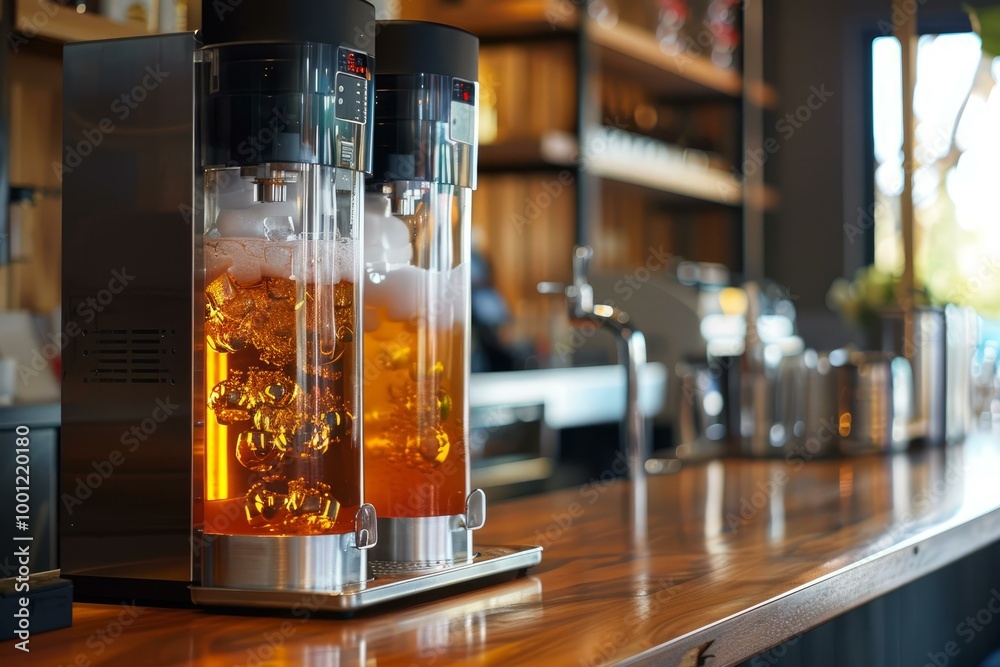 Two glass beer towers dispensing cold refreshing craft beer are ...
