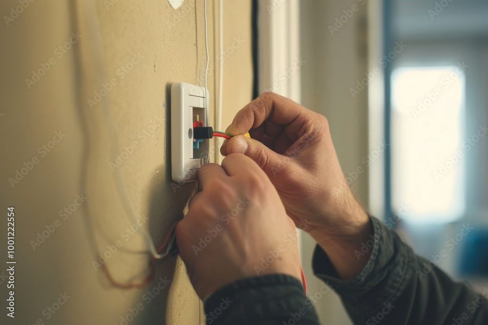 An electrician connecting wires to a socket during the installation ...