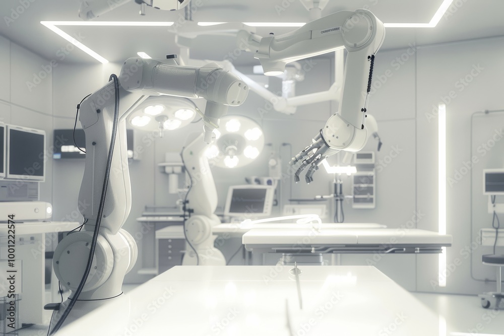 A modern, sterile operating room featuring robotic surgical arms and ...
