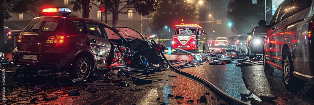 Chaotic night scene: police car and ambulance at crash site on rain ...