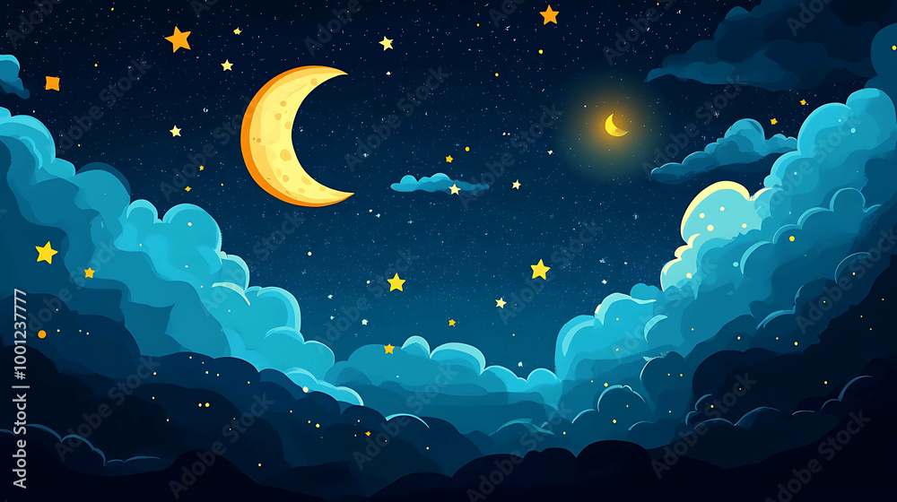 Cartoon night sky with a crescent moon, stars and clouds. Stock ...