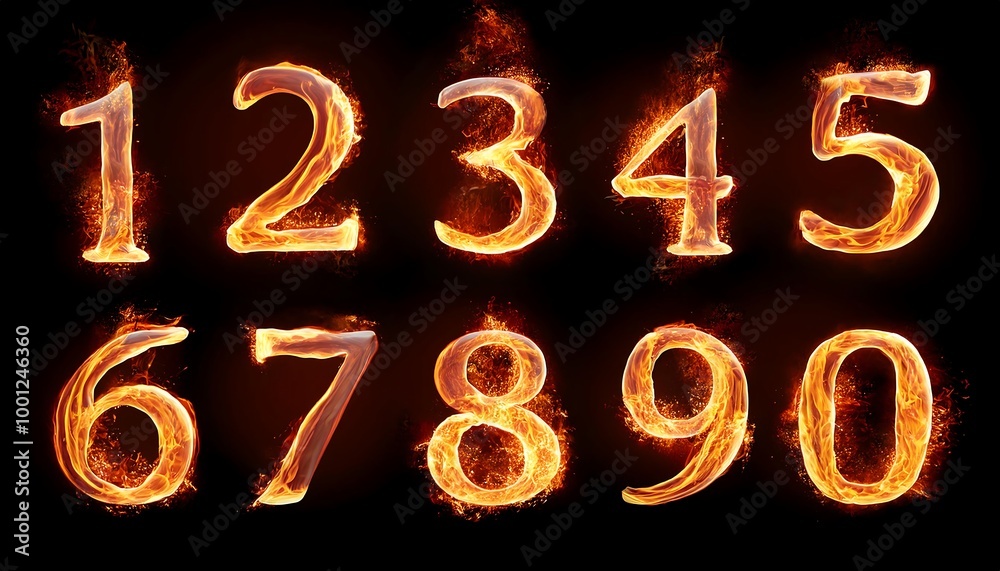 Set of numbers 1 to 10 with a concept shaped like fire, black ...