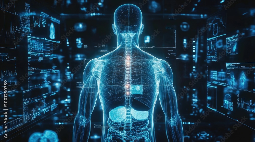 Digital X-ray of the human body with visible organs and treatment zones ...