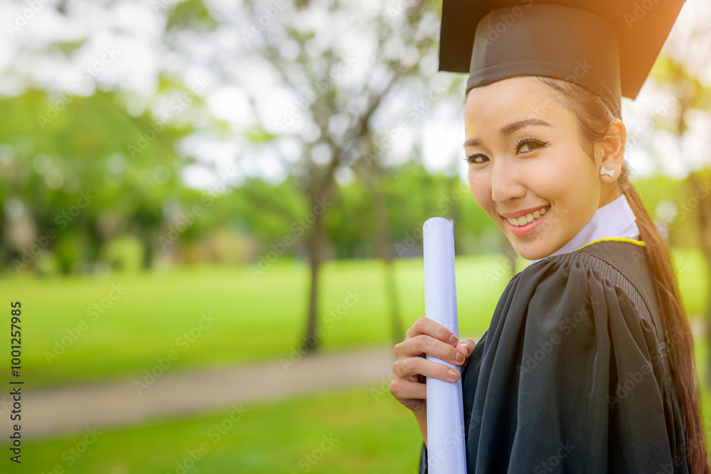 Graduate woman students wearing graduation hat and gown ...