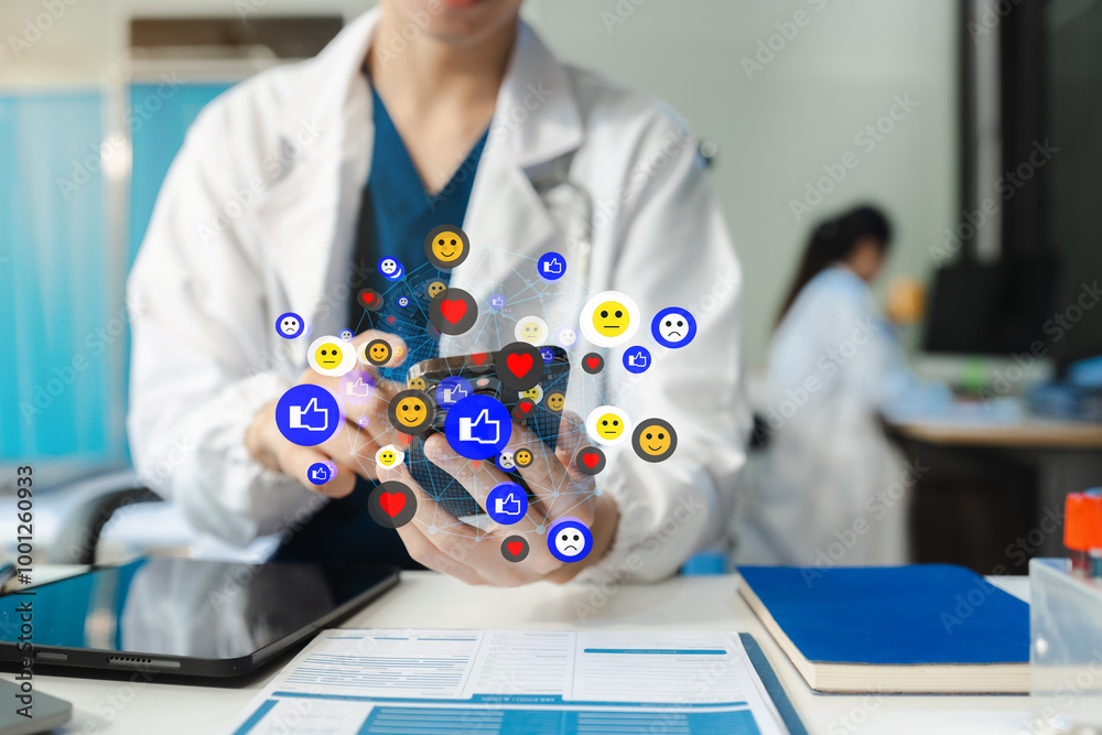 Social media icons screen of Medical students with smartphone and ...