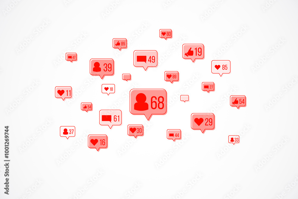 Social media notifications with likes, comments, and followers in red ...