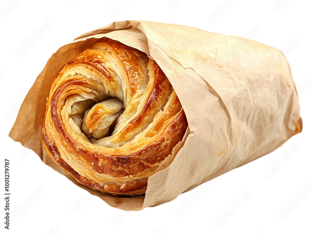 Spiral pastry partially wrapped in brown paper, isolated on a white ...