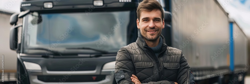 Confident driver standing proudly in front of his truck, smiling at the ...