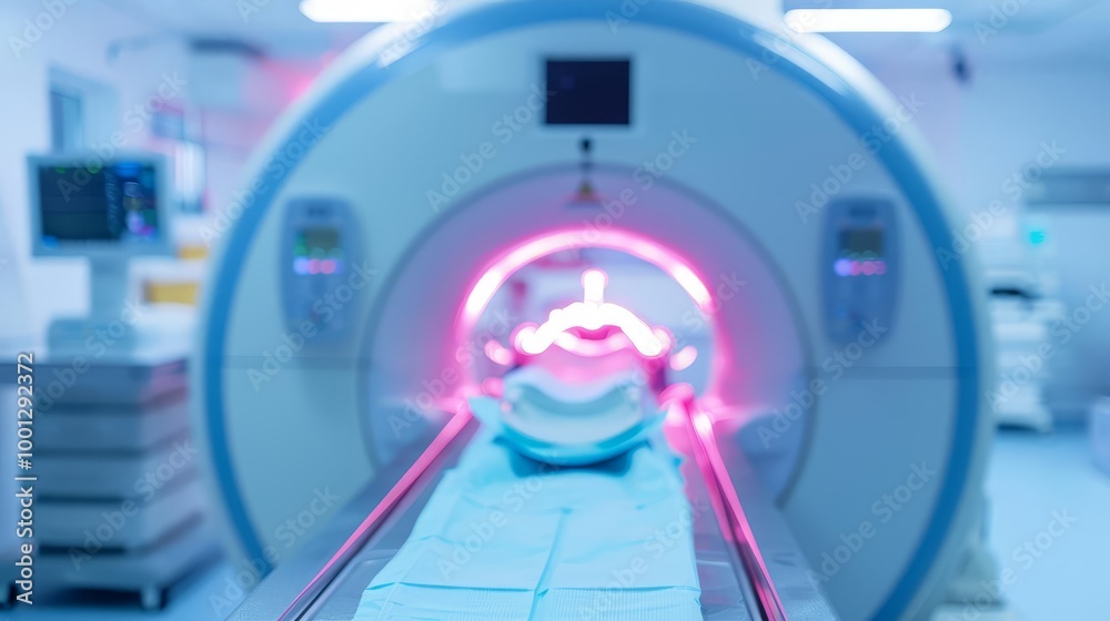 A modern medical imaging room showcases a high-tech CT scanner with a glowing opening and ...