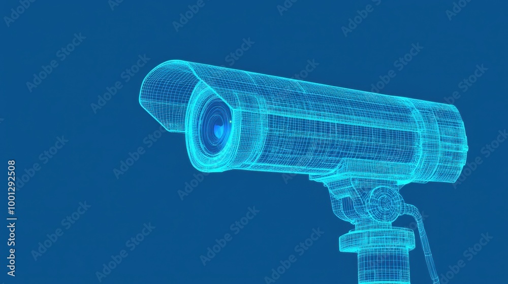 A digital wireframe CCTV camera rotates, on a blue background ...