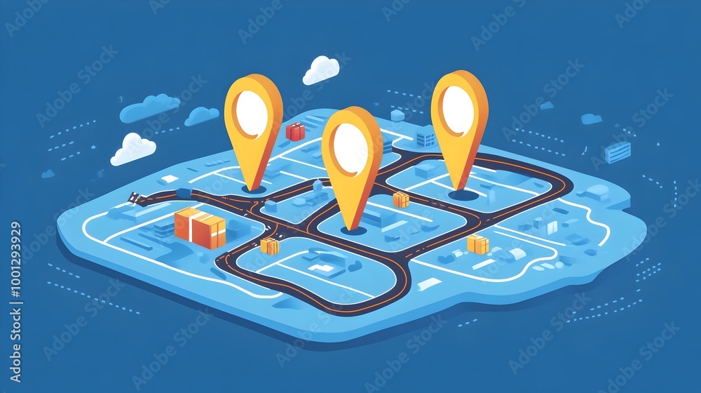 Isometric Map with GPS Pins Indicating Travel Destinations and Routes ...