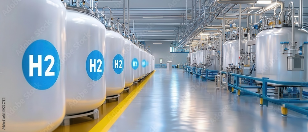 Ilustración de Stock Massive hydrogen storage tanks marked with H2 ...