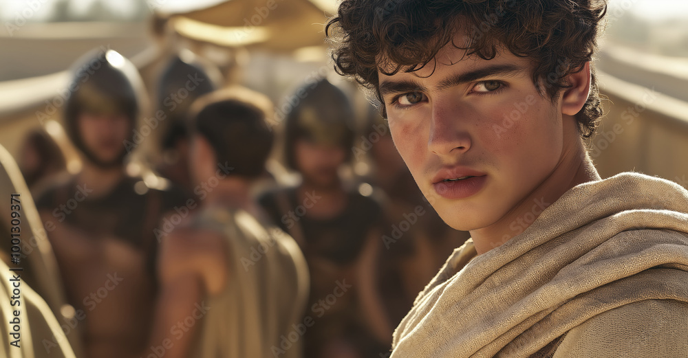 photorealistic scene of David arriving at the Israelite camp, hearing ...