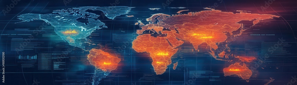 Digital map of the world with hot zones representing climate change ...