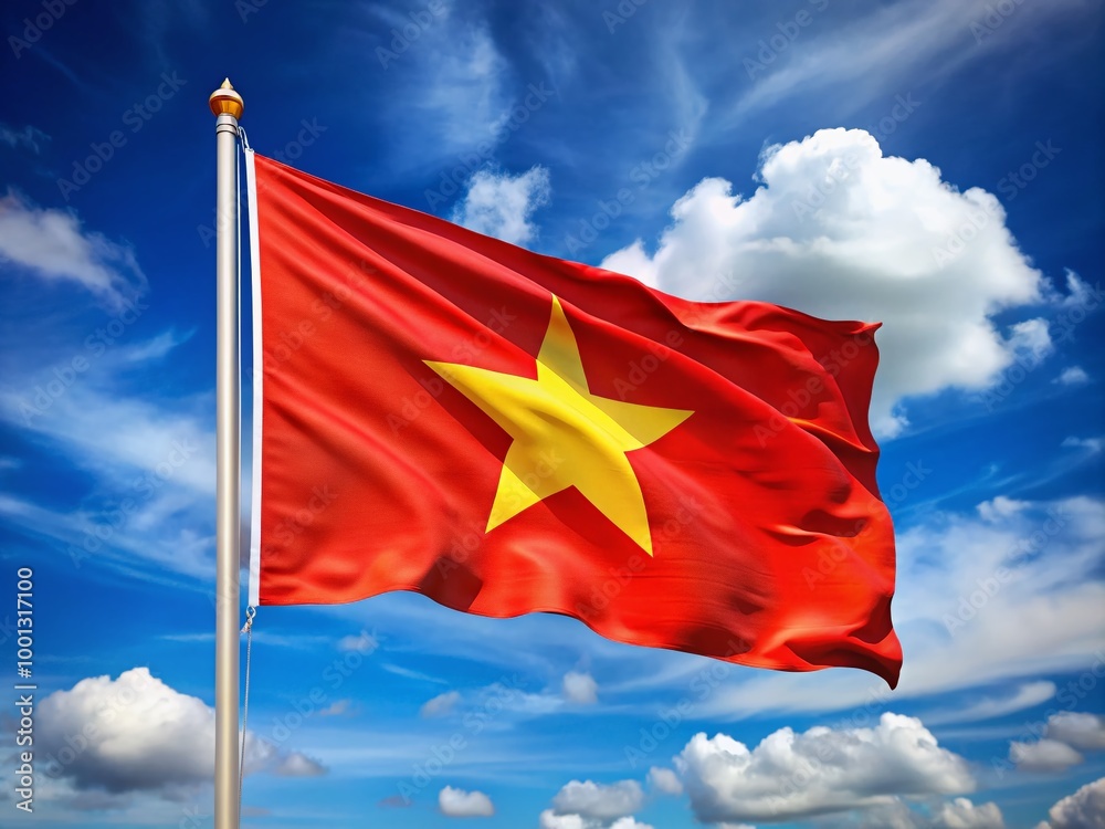 Vibrant red flag featuring a prominent yellow five-pointed star in the ...