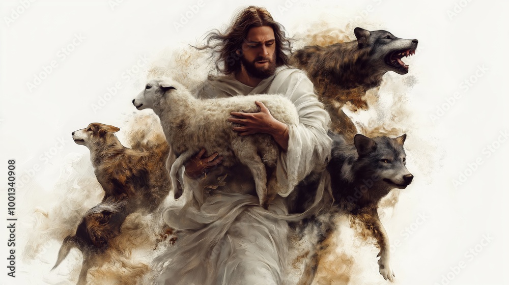 Jesus is carrying a sheep and fighting with wolves on the right side of ...
