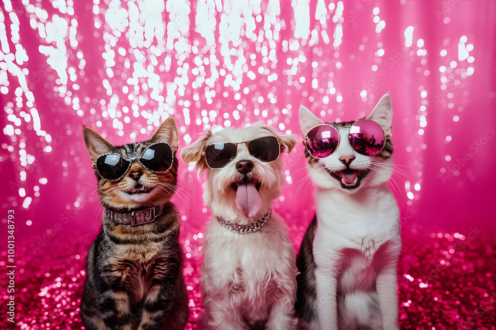 Pets at a party with a disco ball on the pink background. A dog and two ...