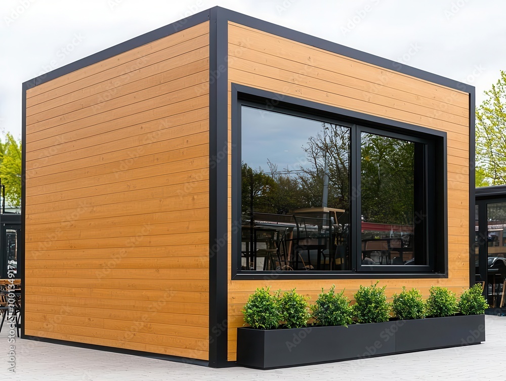 Elegant container coffee shop exterior with light wood panels, large ...