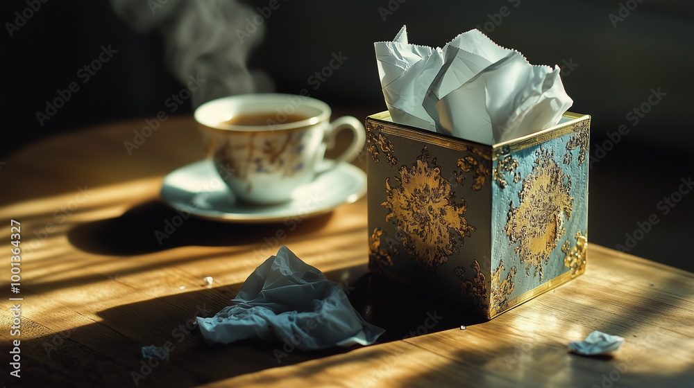Cozy still life of a decorative tissue box and steaming cup of tea ...