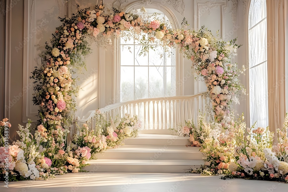 Beautiful wedding backdrop with flowers and staircase generative AI ...