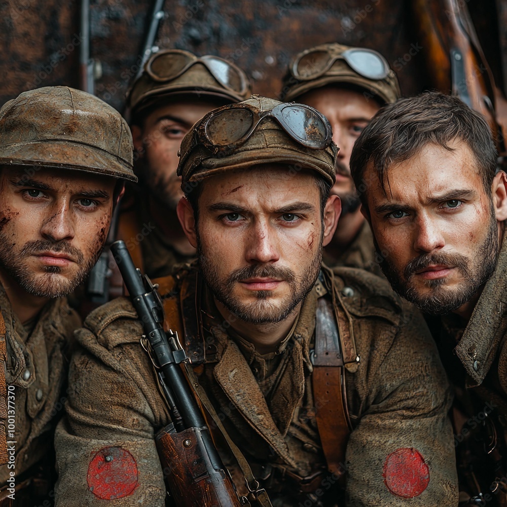 group of soldiers from World War I stands together holding their ...