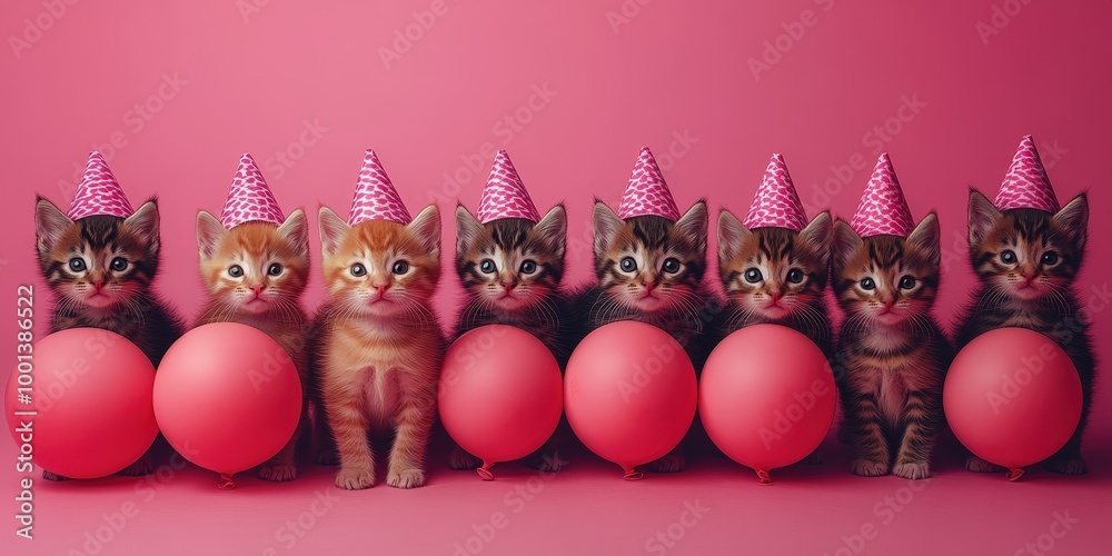 Eight adorable kittens wearing pink party hats and holding pink ...