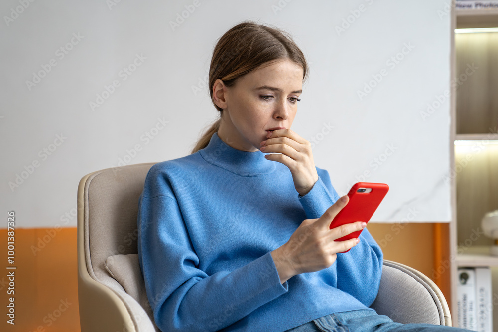 Distracted overwhelmed woman focused on smartphone, conducting business ...