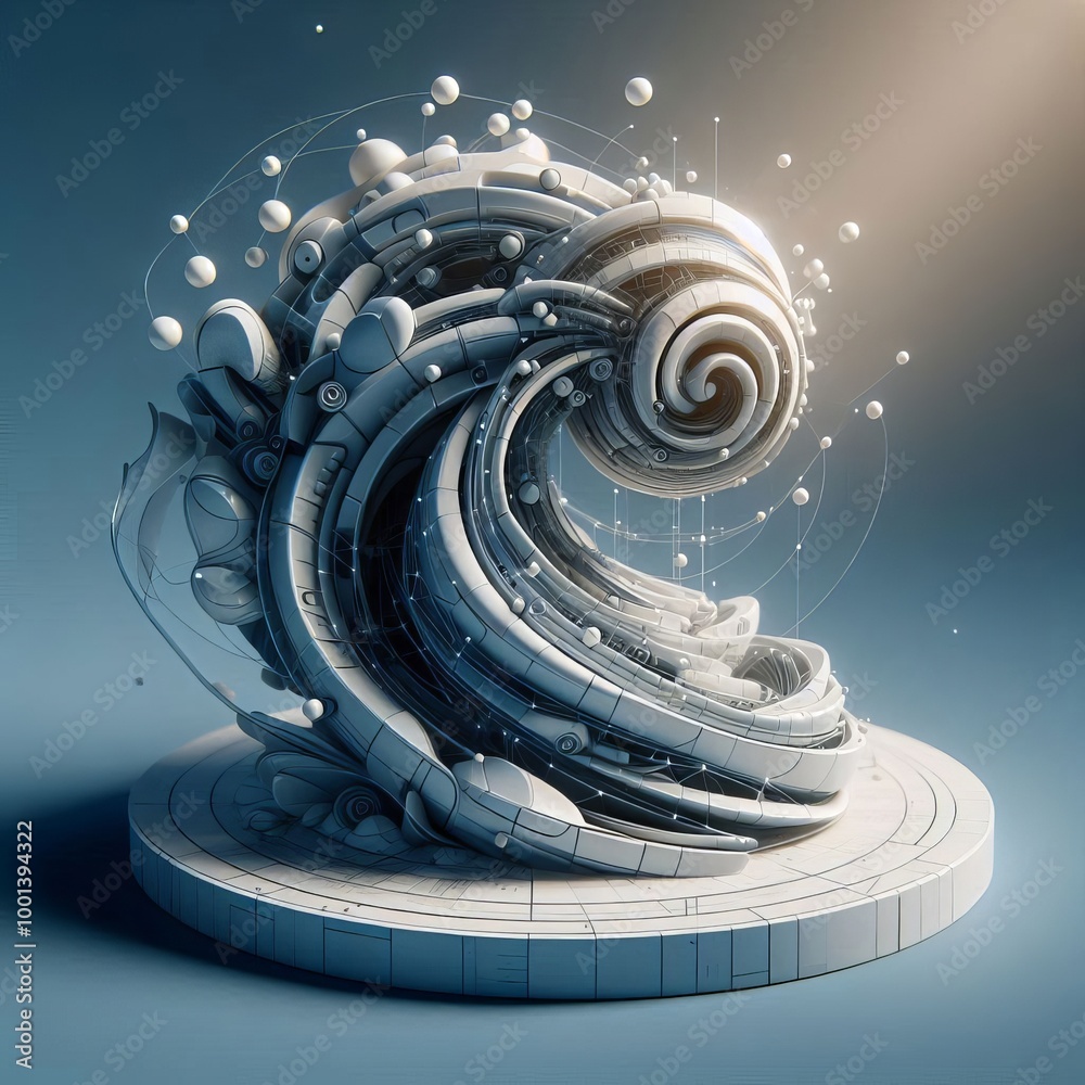 A highly detailed 3D spiral sculpture incorporating mechanical elements and intricate textures ...